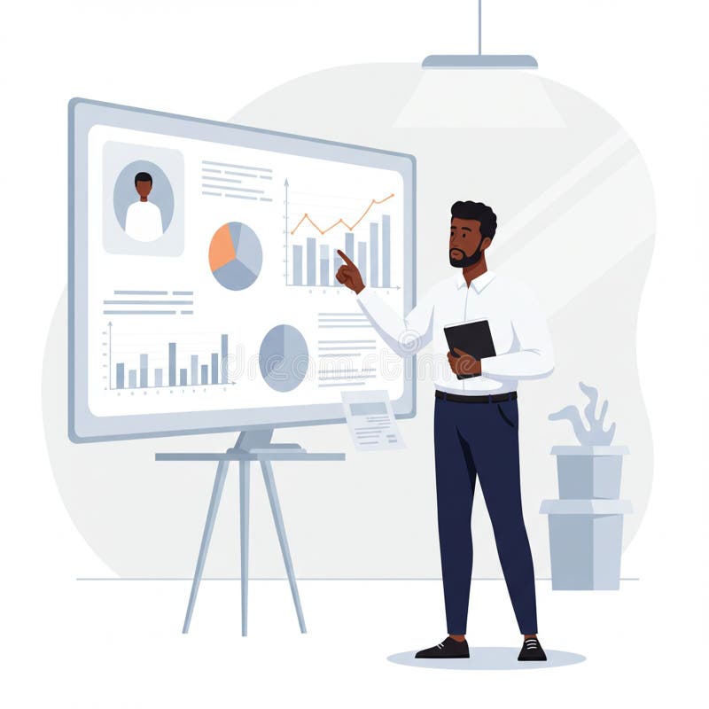 A Man is Presenting Data on a Large Display Board. the Board Shows ...