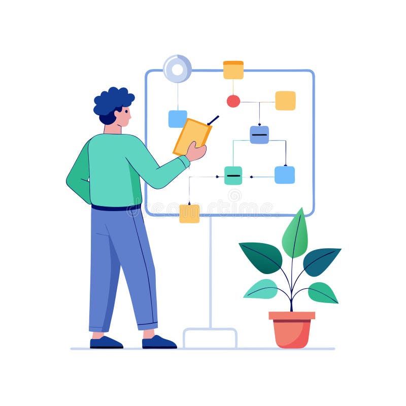 Man Presenting Flowchart on Whiteboard, Flat Vector Illustration for ...