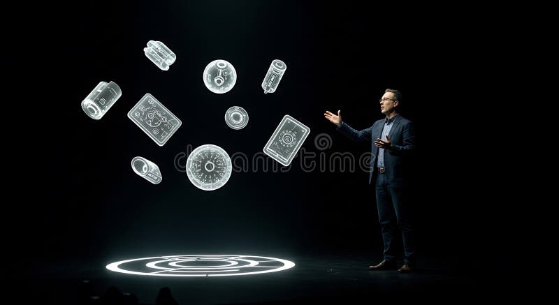 Man Presenting Futuristic Technology with Holographic Objects on Stage ...