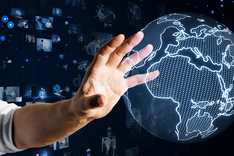 Man Presenting Interactive Digital Globe, Futuristic Network Concept ...