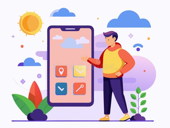 Man Presenting Mobile App Interface with Various Features Illustration ...