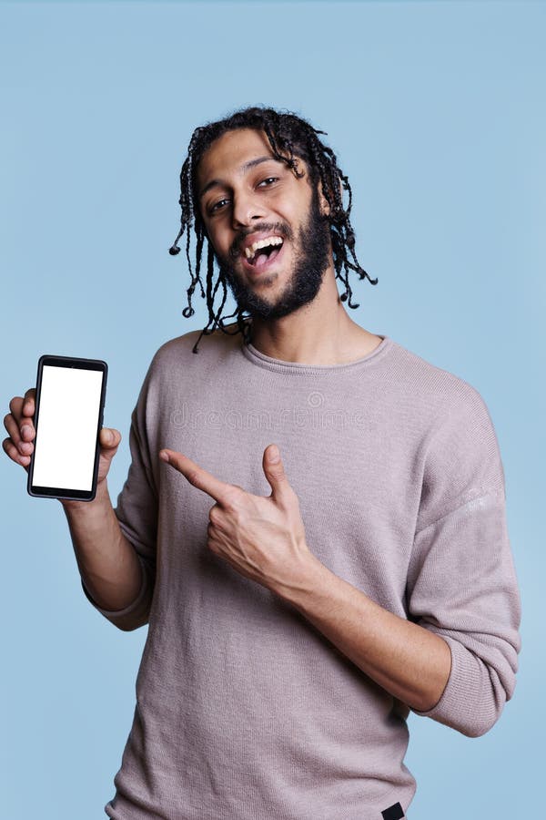 Man Presenting Mobile Phone with White Screen for Advertisement Stock ...