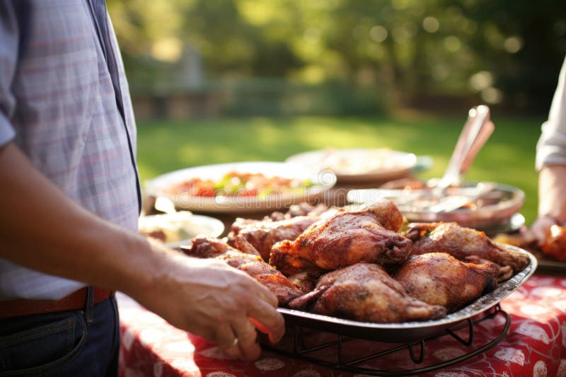 Man Presenting Platter of Glazed Pork Ribs at a Potluck Stock Photo ...
