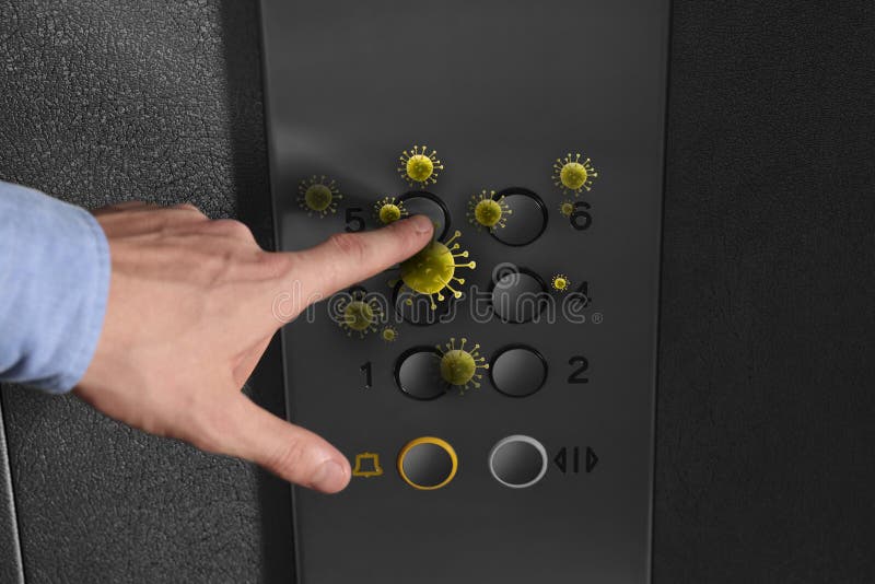 Man Press Button in Elevator with Germs, Closeup Stock Photo - Image of ...