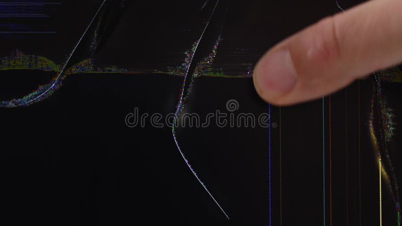 A Man Presses His Finger on a Broken TV or Computer Screen. Stock ...