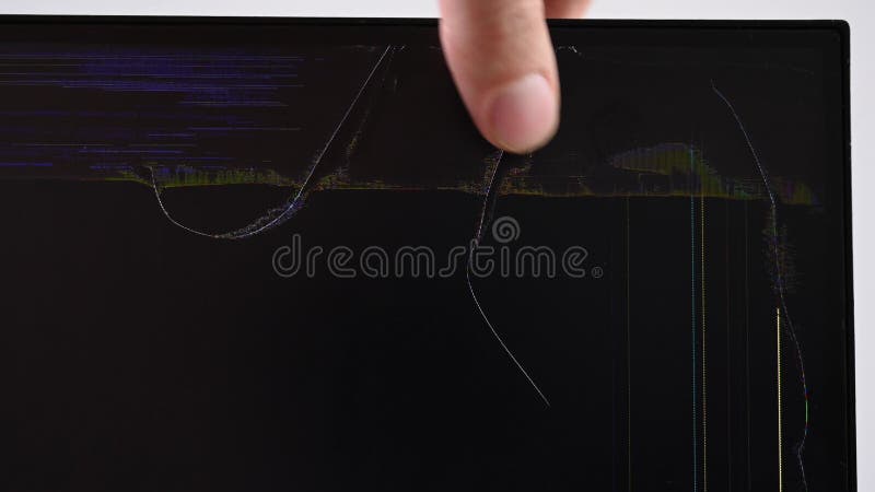 A Man Presses His Finger on a Broken TV or Computer Screen. Stock ...