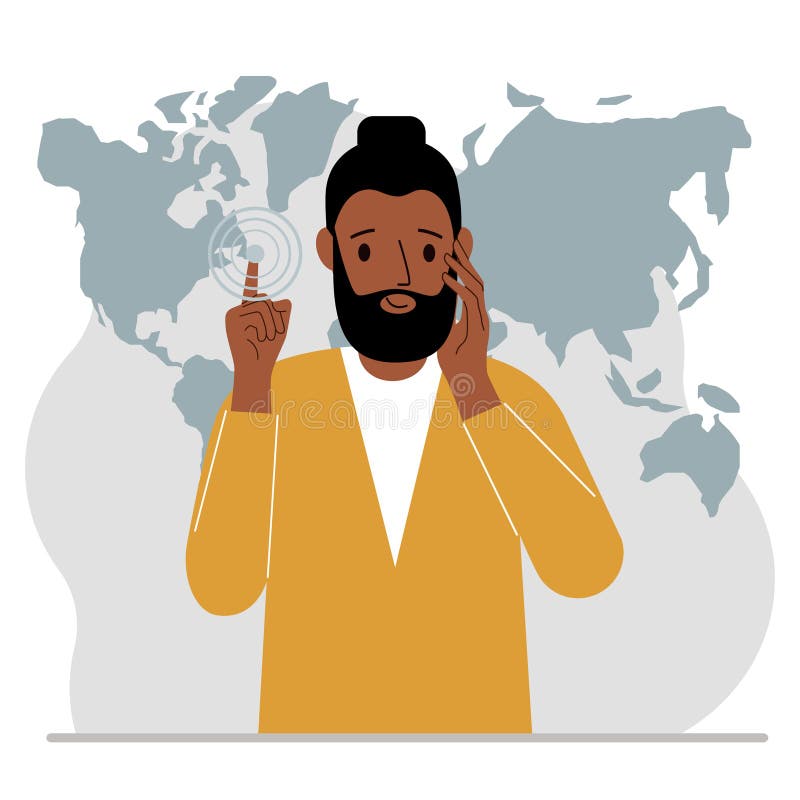 A Man Presses His Finger on a Virtual Map of the World. Future, Cyber ...