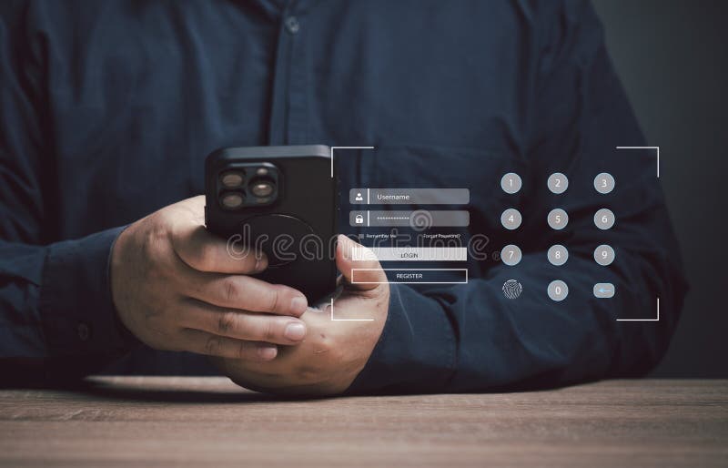 Man Presses Mobile Key To Enter Code on Virtual Screen Online Security ...