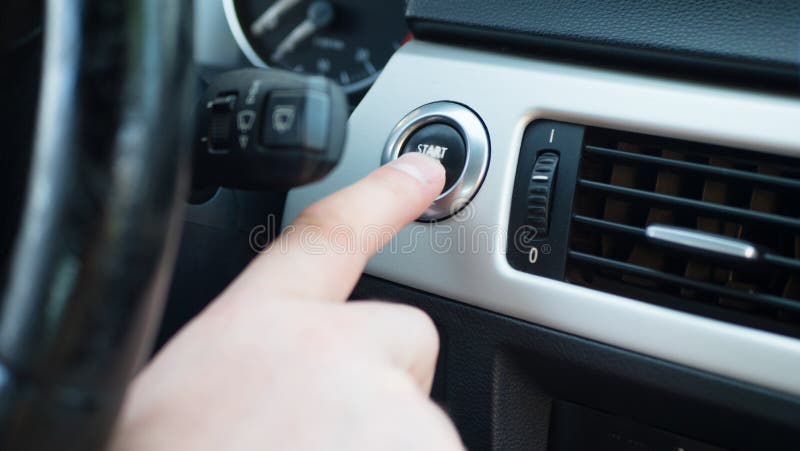 The Man Presses the Start Button in the Car Stock Image - Image of ...