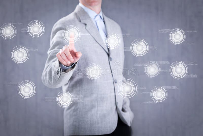 Man Pressing Button of Digital Virtual Screen Stock Image - Image of ...