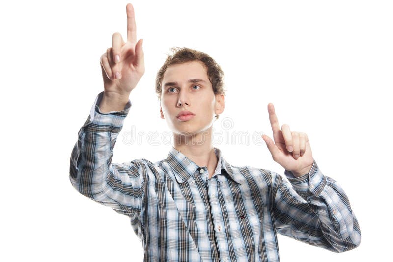 Man Pressing Buttons Over White Stock Photo - Image of press, metaphor ...