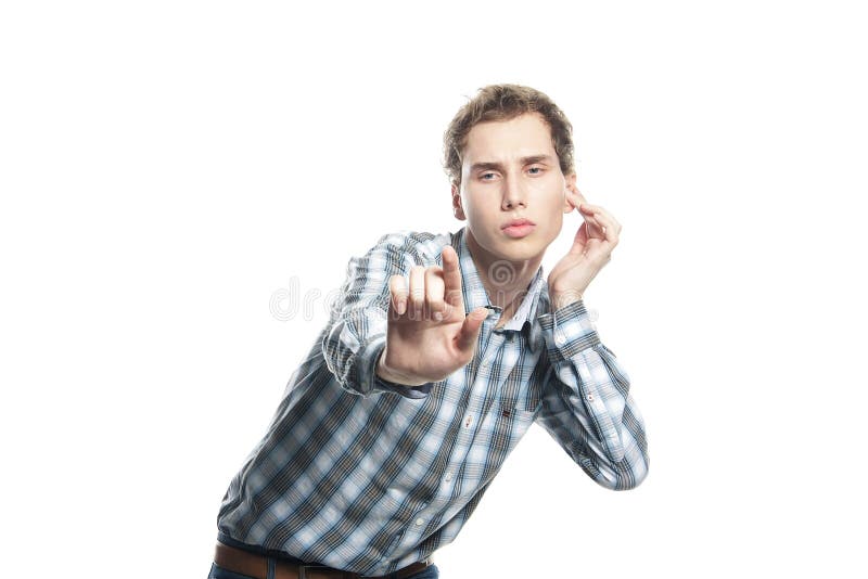 Man Pressing Buttons Over White Stock Image - Image of initiate, person ...