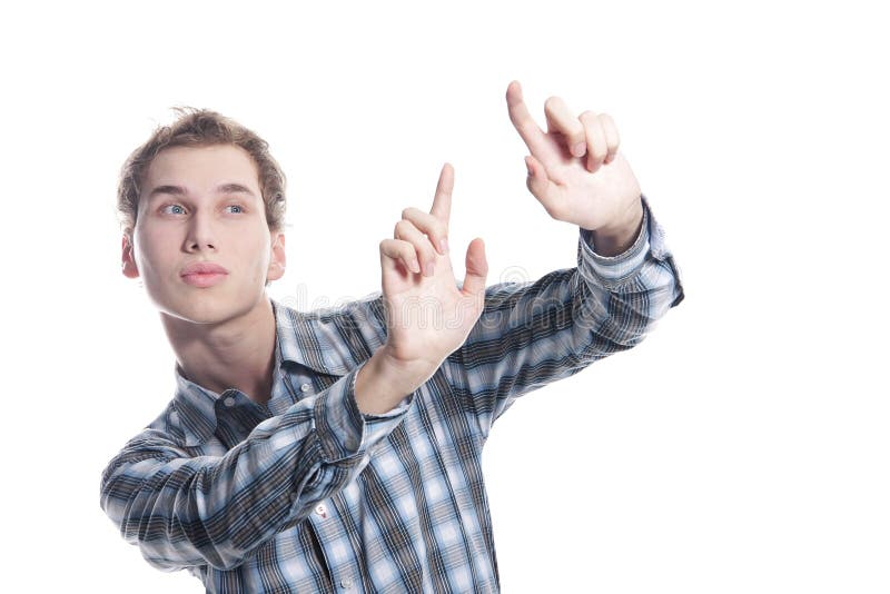 Man Pressing Buttons Over White Stock Photo - Image of access, male ...