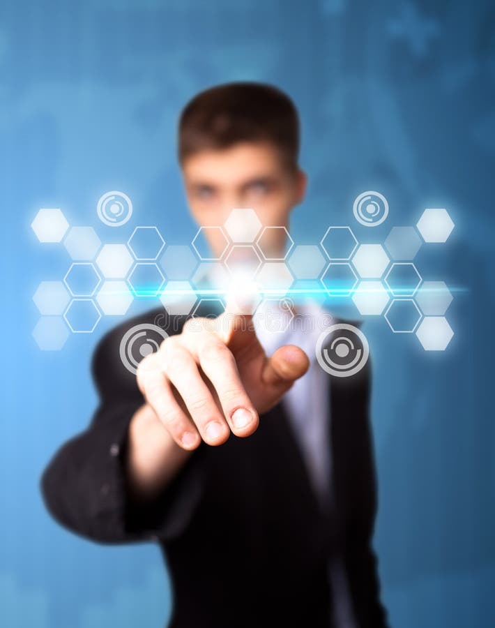 Man Pressing Digital Button Stock Photo - Image of interface, computer ...