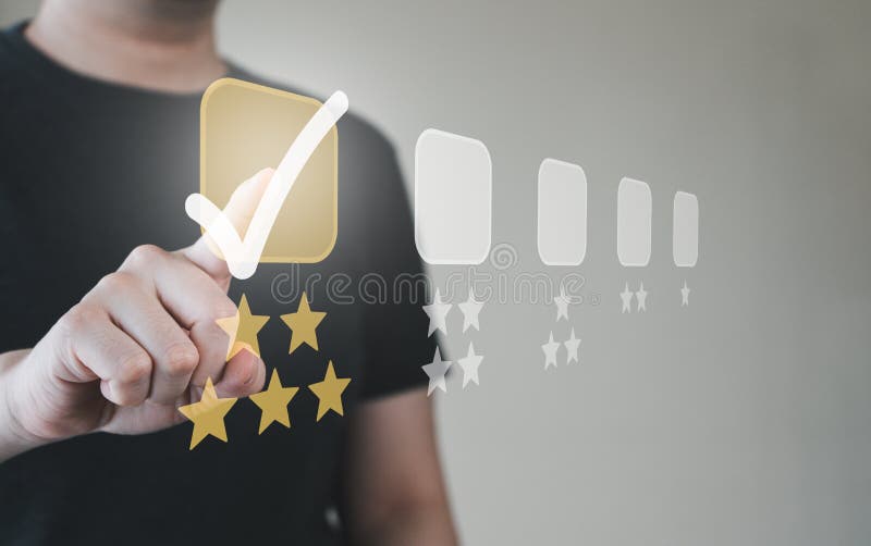 Man Pressing Five Stars Best Rating Button on Virtual Touch Screen ...
