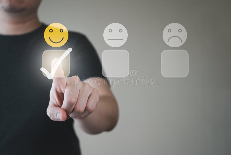 Man Pressing Happy Smiley Face Emoticon Button on Virtual Touch Screen ...