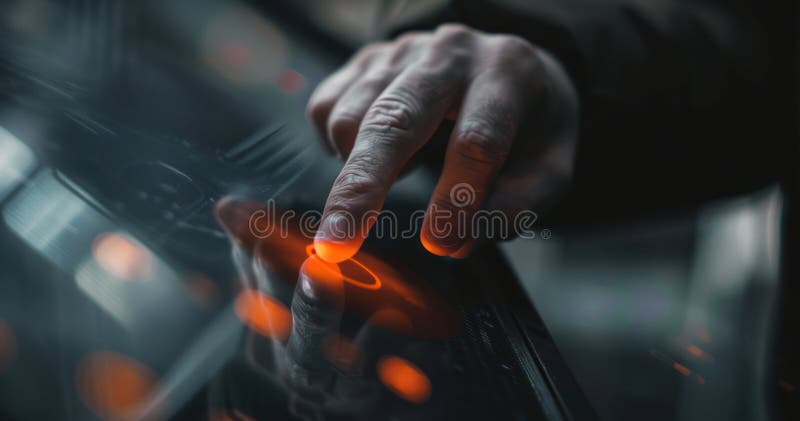 A Man Pressing His Finger on an Orange Button on a Computer Screen ...