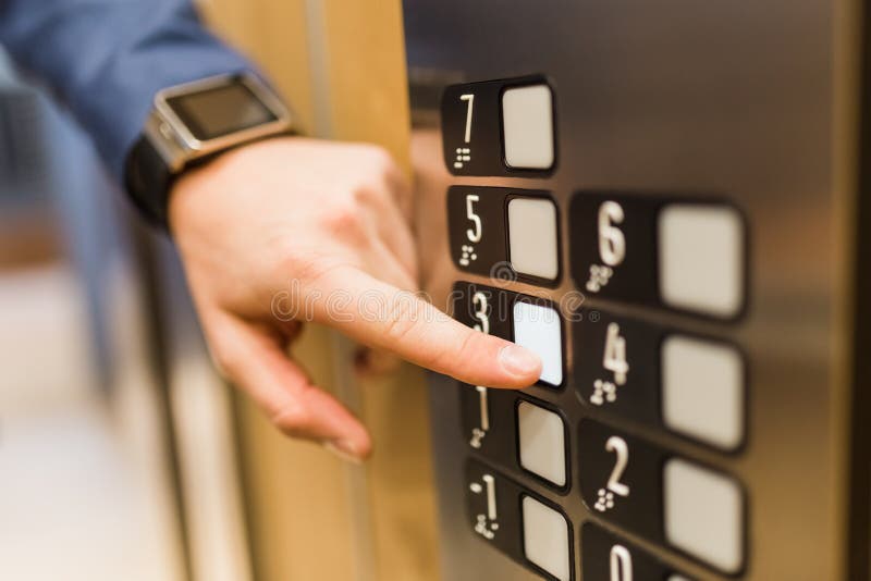 Man Pressing Modern Elevator Button with His Forefinger Stock Photo ...