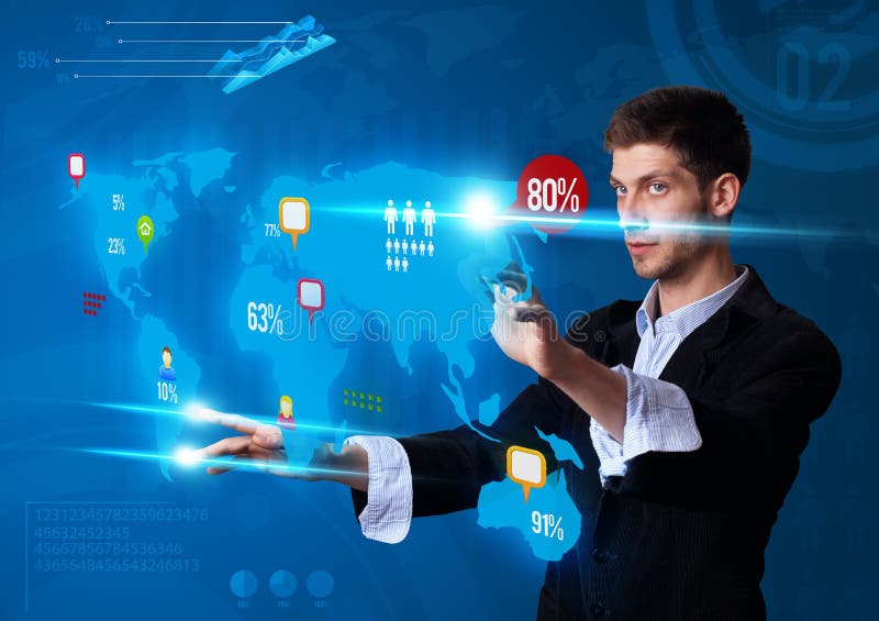 Man Pressing Touch Screen Buttons on Blue Stock Image - Image of global ...