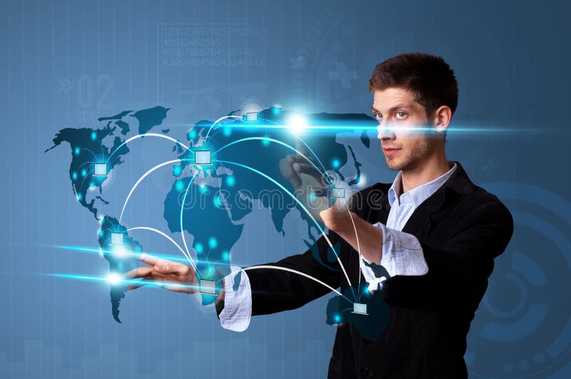 Man Pressing Touch Screen Buttons on Blue Stock Image - Image of global ...