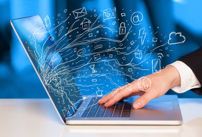 Man Pressing Notebook Laptop Computer with Doodle Icon Cloud Sym Stock ...