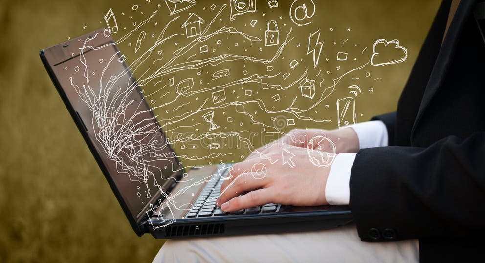 Man Pressing Notebook Laptop Computer with Doodle Icon Cloud Symbols ...