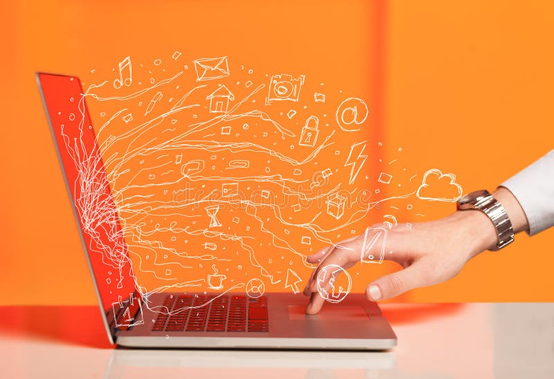 Man Pressing Notebook Laptop Computer with Doodle Icon Cloud Symbols ...