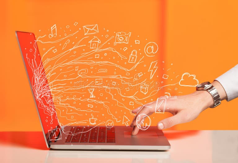 Man Pressing Notebook Laptop Computer with Doodle Icon Cloud Symbols ...