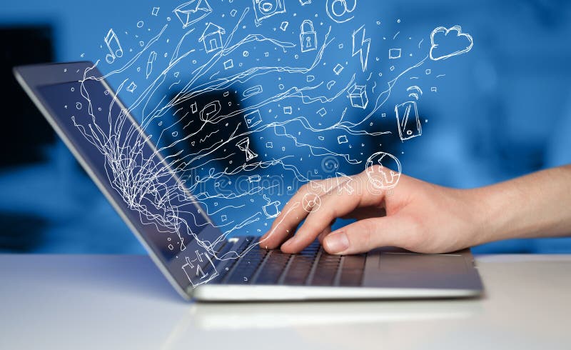 Man Pressing Notebook Laptop Computer with Doodle Icon Cloud Symbols ...