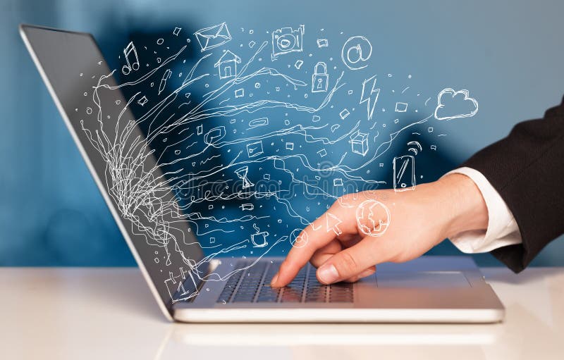 Man Pressing Notebook Laptop Computer with Doodle Icon Cloud Symbols ...