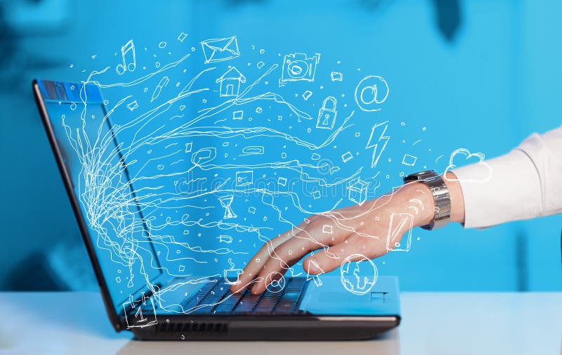 Man Pressing Notebook Laptop Computer with Doodle Icon Cloud Symbols ...