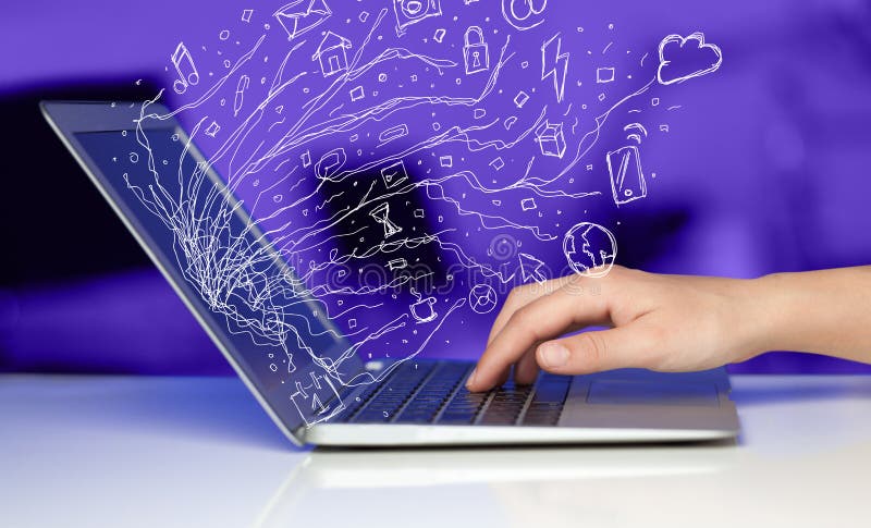 Man Pressing Notebook Laptop Computer with Doodle Icon Cloud Symbols ...