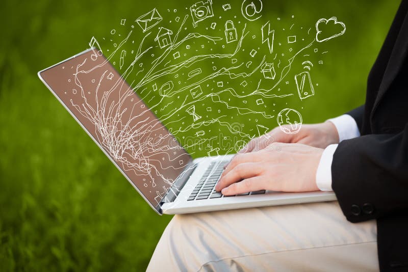 Man Pressing Notebook Laptop Computer with Doodle Icon Cloud Symbols ...