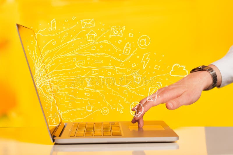 Man Pressing Notebook Laptop Computer with Doodle Icon Cloud Symbols ...