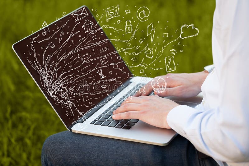 Man Pressing Notebook Laptop Computer with Doodle Icon Cloud Symbols ...