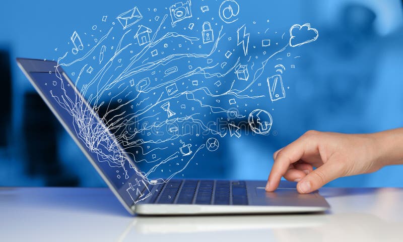 Man Pressing Notebook Laptop Computer with Doodle Icon Cloud Symbols ...