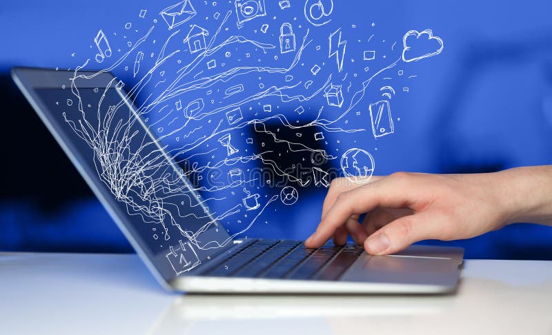 Man Pressing Notebook Laptop Computer with Doodle Icon Cloud Symbols ...