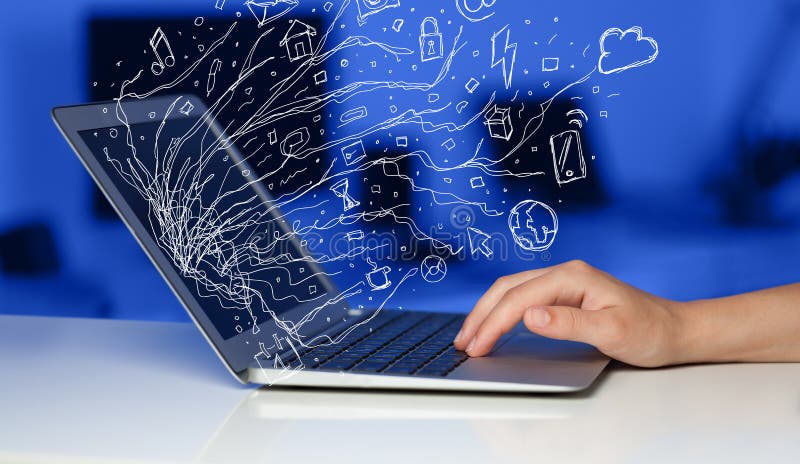 Man Pressing Notebook Laptop Computer with Doodle Icon Cloud Symbols ...