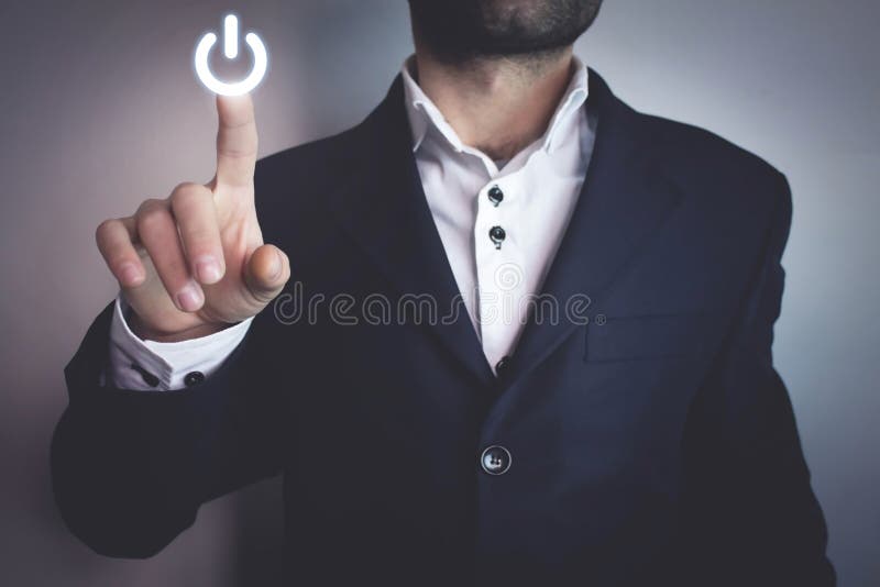 Man pressing power button. stock image. Image of sign - 124364871