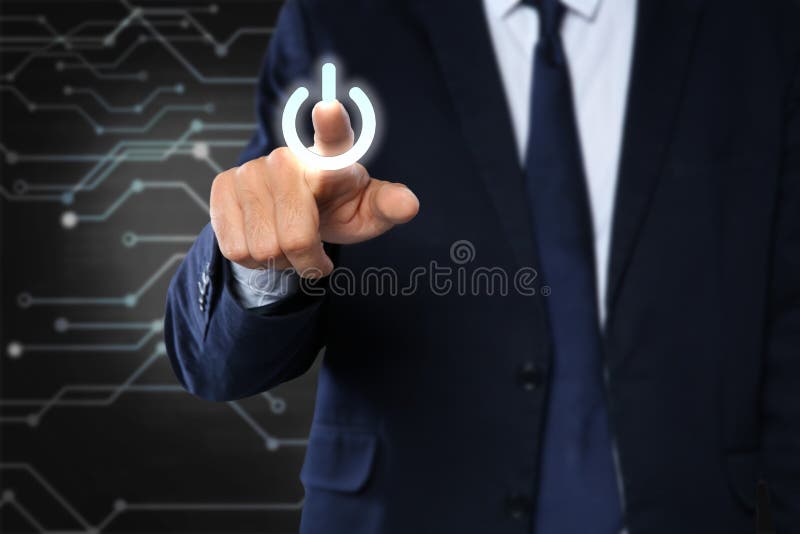 Man Pressing Power Button on Virtual Screen Stock Image - Image of ...