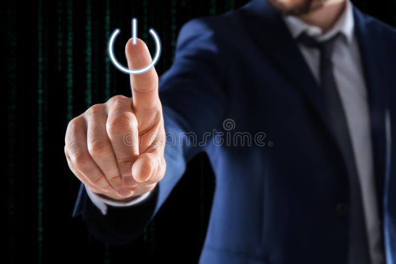 Man Pressing Power Button on Virtual Screen Stock Image - Image of ...
