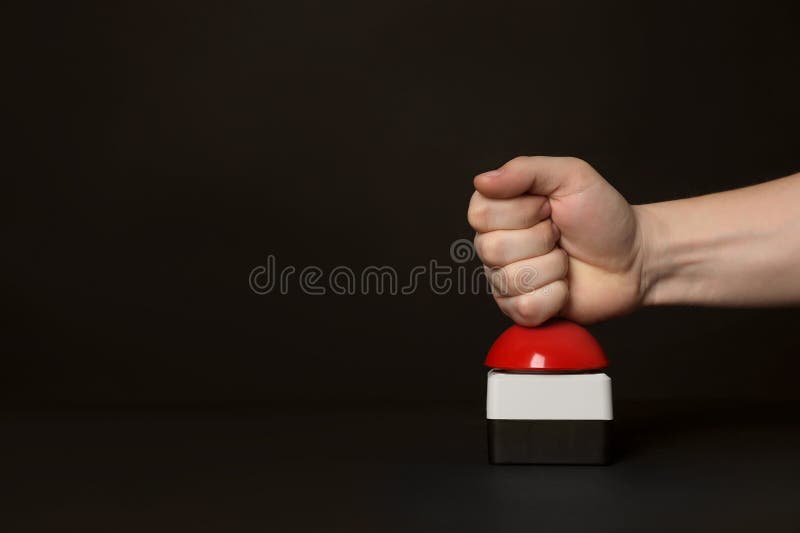 Red Button of Nuclear Weapon on Black Background, Top View with Space ...
