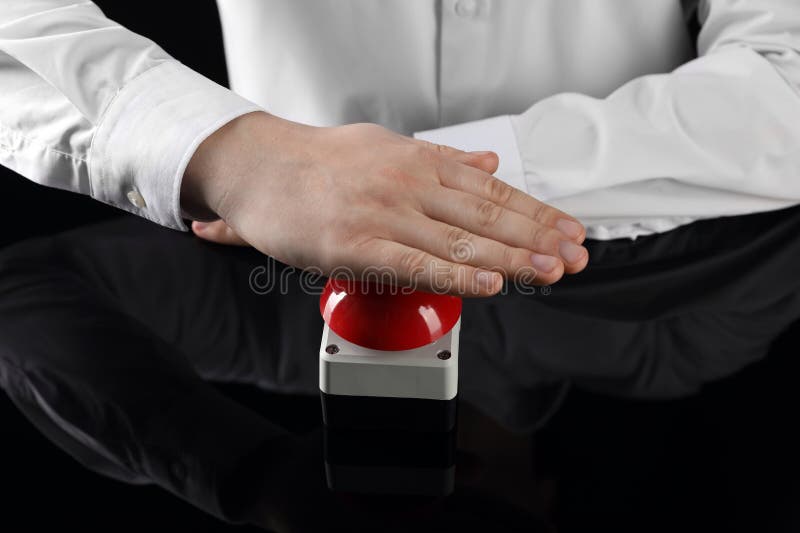 Red Button of Nuclear Weapon on Black Background, Top View with Space ...