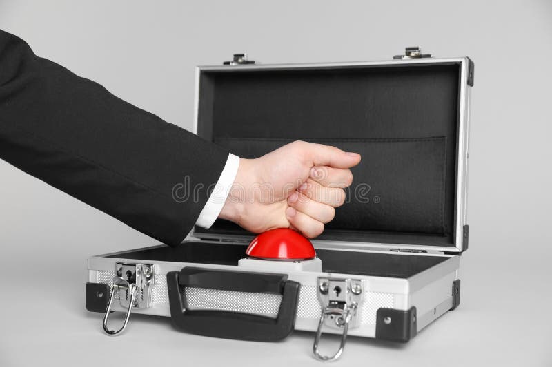 Red Button of Nuclear Weapon in Suitcase on Black Background, Above ...