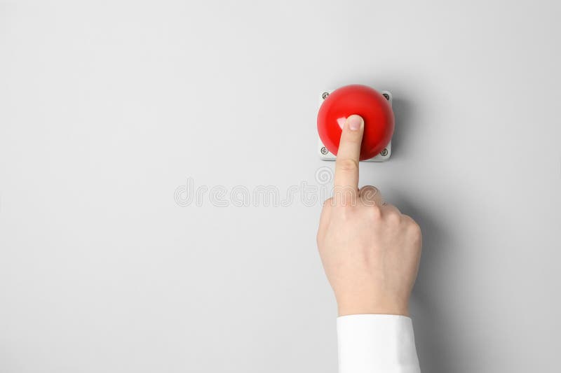 Man Pressing Red Button of Nuclear Weapon on White Background, Top View ...