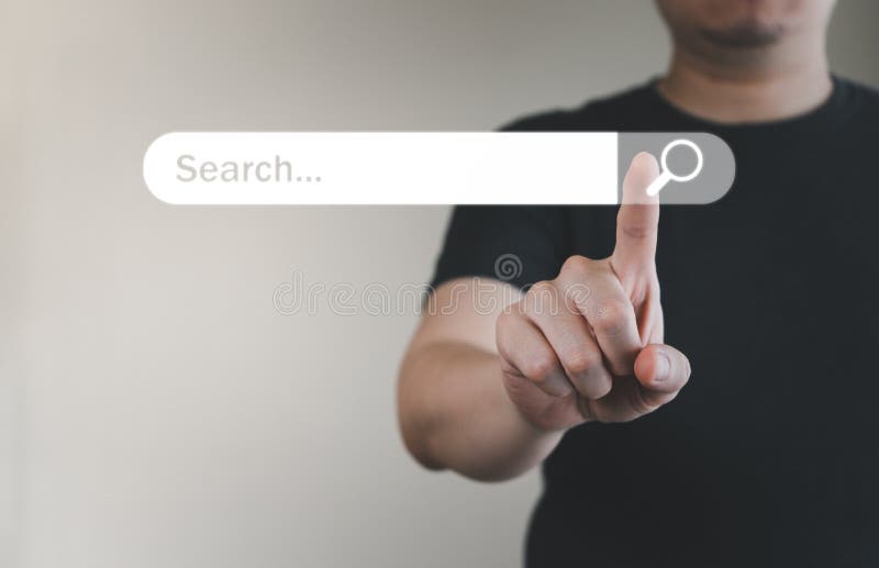 Man Pressing Search Bar Button on Virtual Touch Screen. Searching Browsing Internet Information ...
