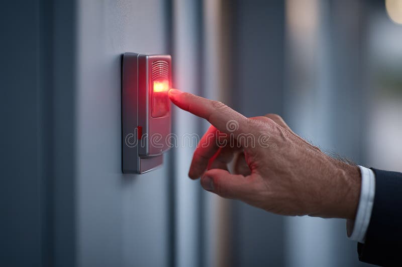 Man Pressing a Security Access Button with a Red Light Indicator at a ...
