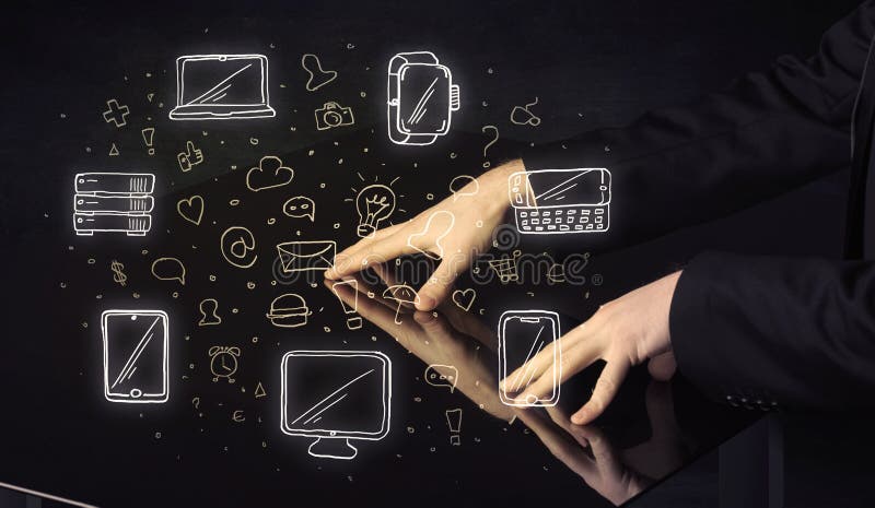 Man Pressing Touch Screen Buttons on Blue Stock Image - Image of global ...