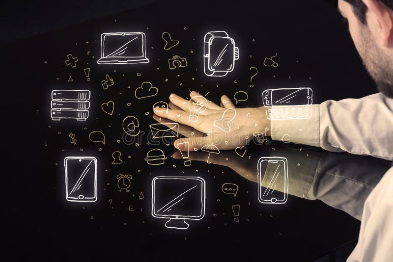 Man Pressing Touch Screen Buttons on Blue Stock Image - Image of global ...