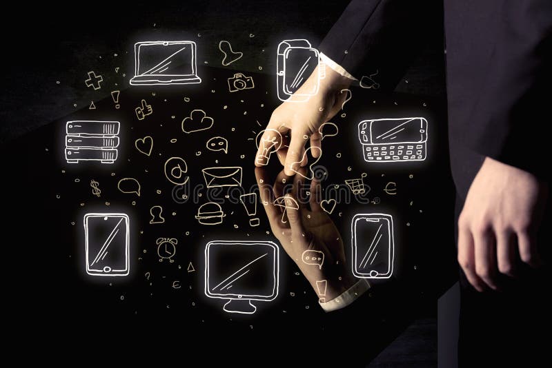 Man Pressing Table Tablet Hand Touch Interface with Media Icons Stock ...